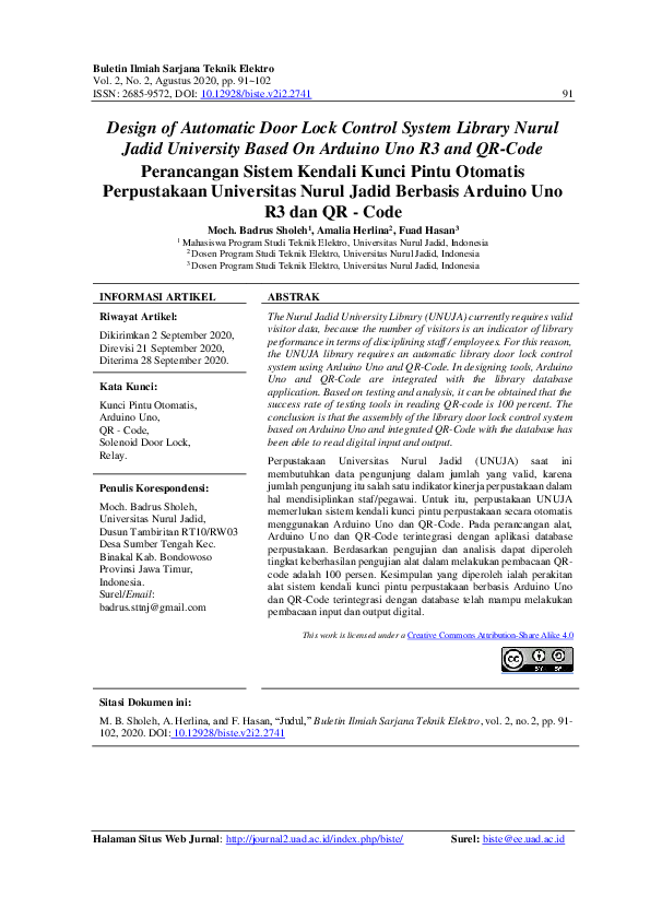 (PDF) Design of Automatic Door Lock Control System Library Nurul Jadid University Based On ...