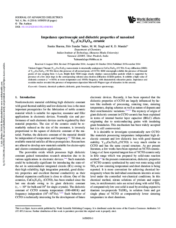 (PDF) Impedance spectroscopic and dielectric properties of nanosized Y 2/3 Cu 3 Ti 4 O 12 ceramic