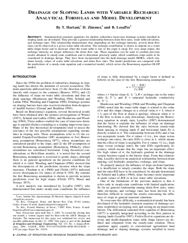 (PDF) DRAINAGE OF SLOPING LANDS WITH VARIABLE RECHARGE: ANALYTICAL FORMULAS AND MODEL DEVELOPMENT