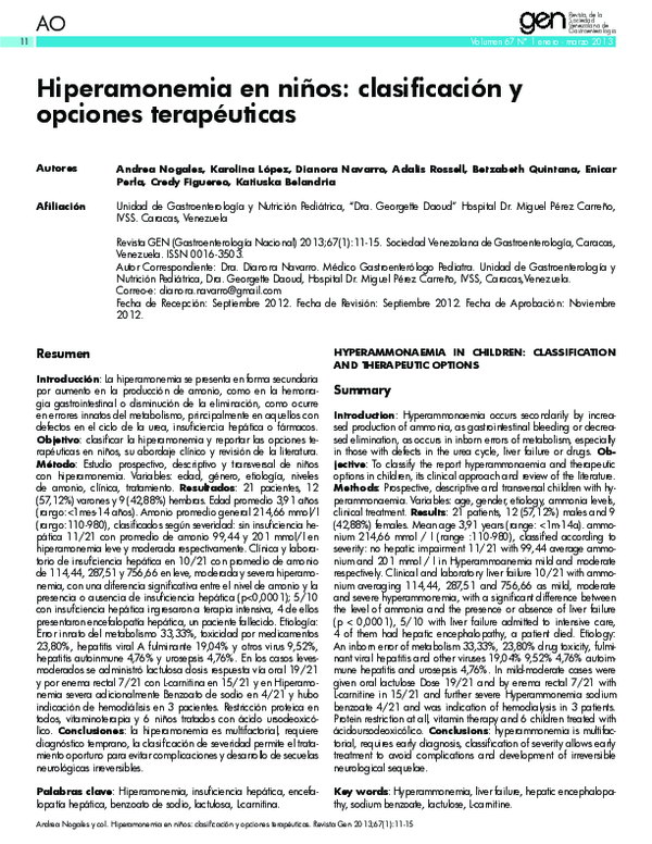 (PDF) Hiperamonemia en niños: clasificación y opciones terapéuticas