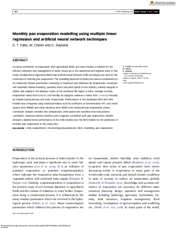 (PDF) Monthly pan evaporation modelling using multiple linear regression and artificial neural ...