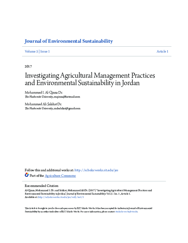 (PDF) Investigating Agricultural Management Practices and Environmental Sustainability in Jordan