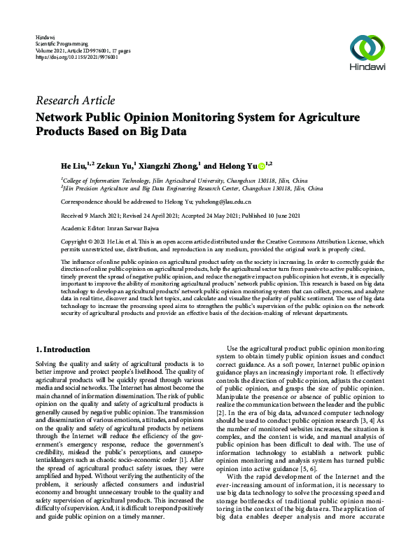(PDF) Network Public Opinion Monitoring System for Agriculture Products Based on Big Data