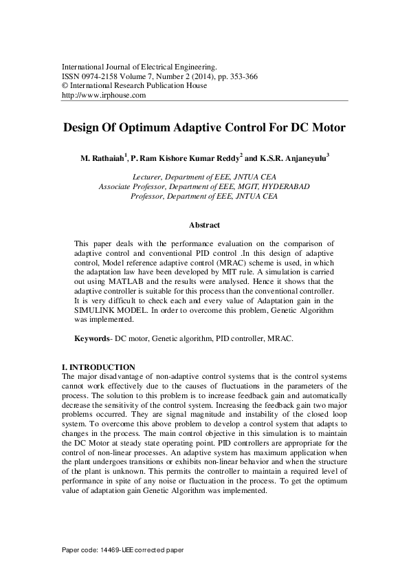 (PDF) Design Of Optimum Adaptive Control For DC Motor