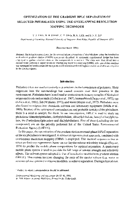 Pdf Optimization Of The Gradient Hplc Separation Of Selected Phthalates Using The Overlapping