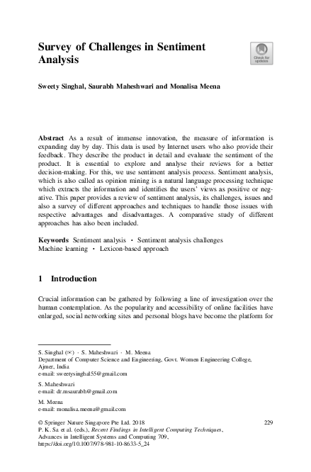 Pdf Survey Of Challenges In Sentiment Analysis