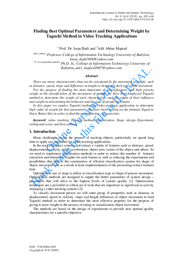 (PDF) Finding Best Optimal Parameters and Determining Weight by Taguchi Method in Video Tracking ...
