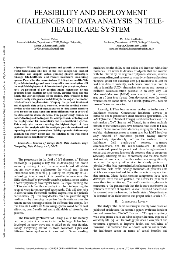(PDF) FEASIBILITY AND DEPLOYMENT CHALLENGES OF DATA ANALYSIS IN TELE-HEALTHCARE SYSTEM