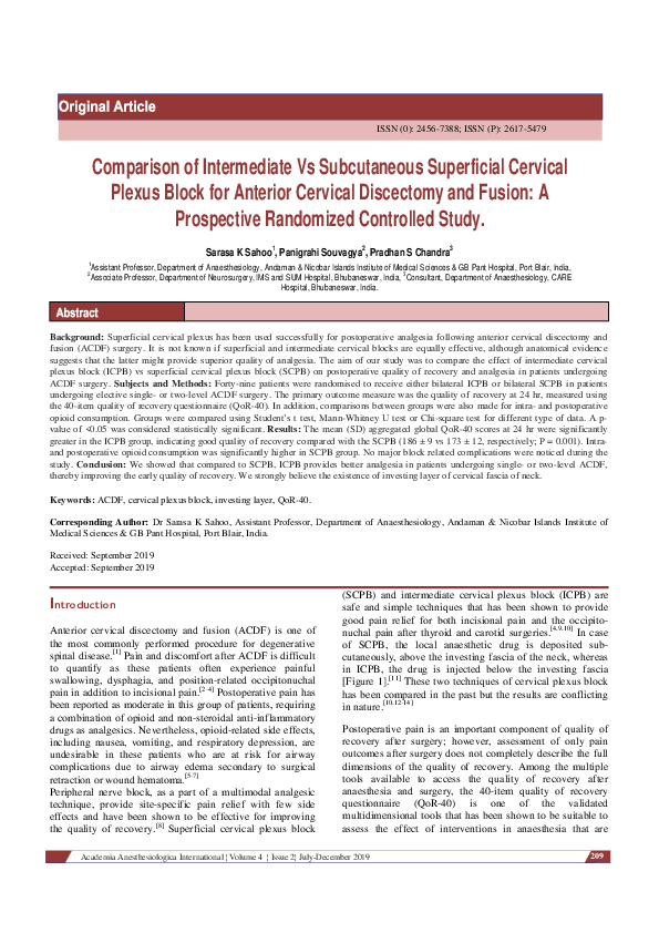 (PDF) Comparison of Intermediate Vs Subcutaneous Superficial Cervical Plexus Block for Anterior ...