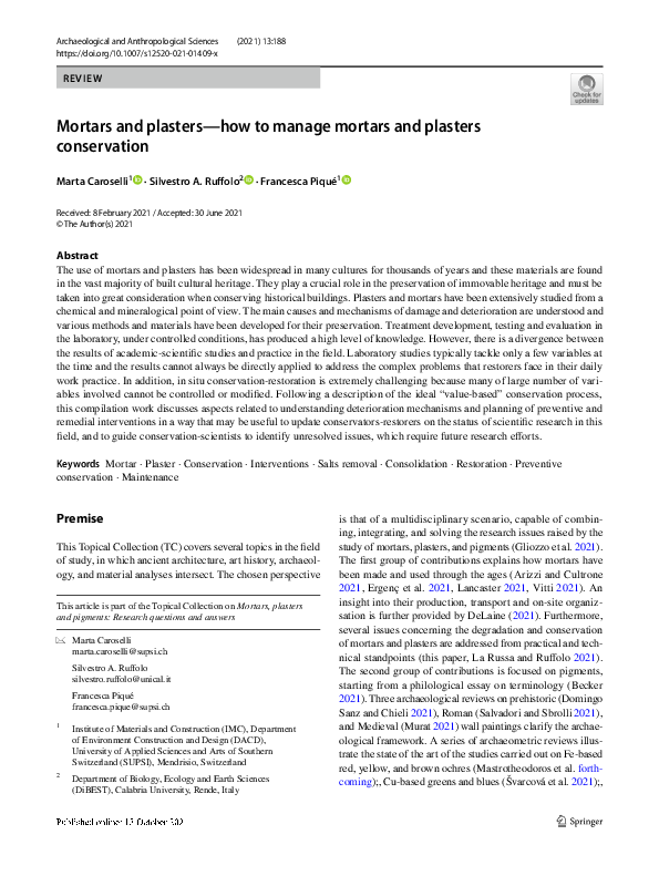 (PDF) Mortars and plasters—how to manage mortars and plasters conservation