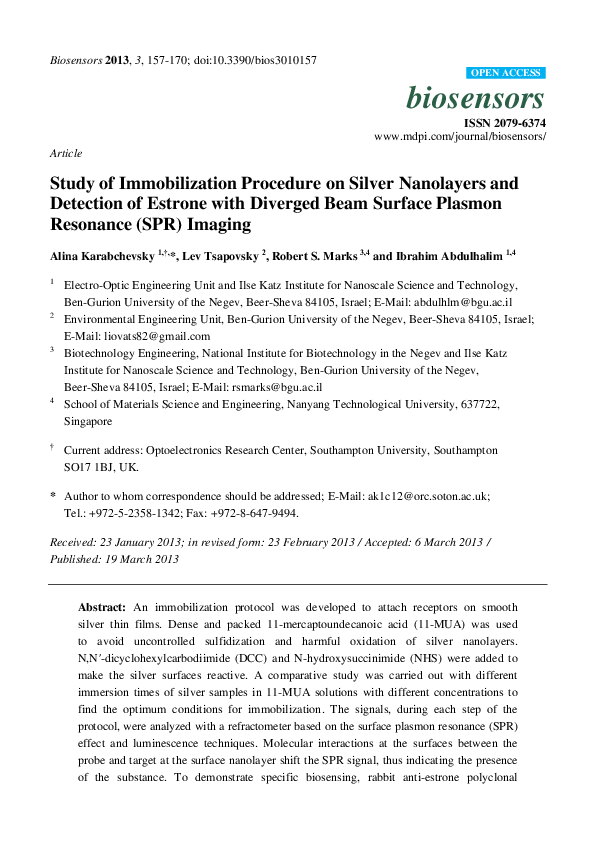 (PDF) Study of Immobilization Procedure on Silver Nanolayers and ...