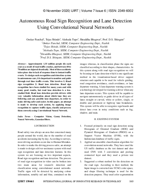 Pdf Autonomous Road Sign Recognition And Lane Detection Using Convolutional Neural Networks