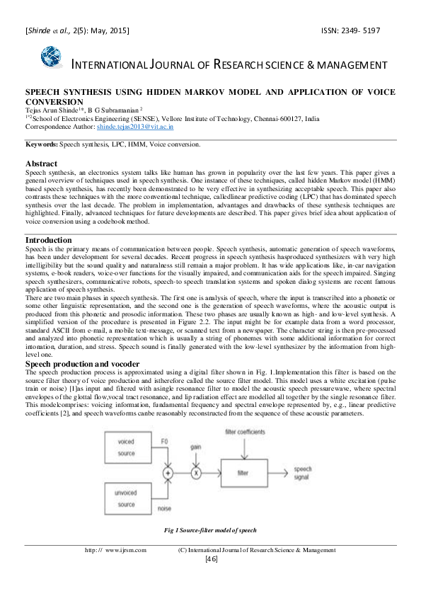 (PDF) Speech Synthesis Using Hidden Markov Model and Application of Voice Conversion