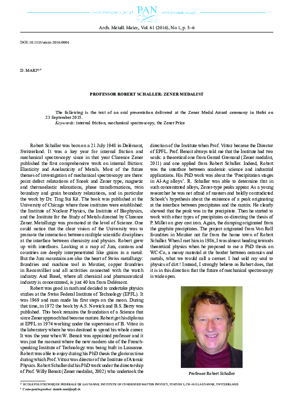 (PDF) Professor Robert Schaller: Zener Medalist