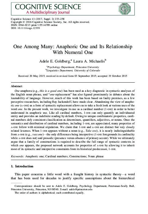 (PDF) One Among Many: Anaphoric One and Its Relationship With Numeral One