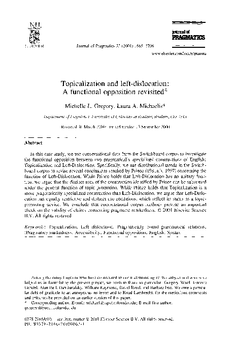 (PDF) Topicalization and left-dislocation: a functional opposition ...