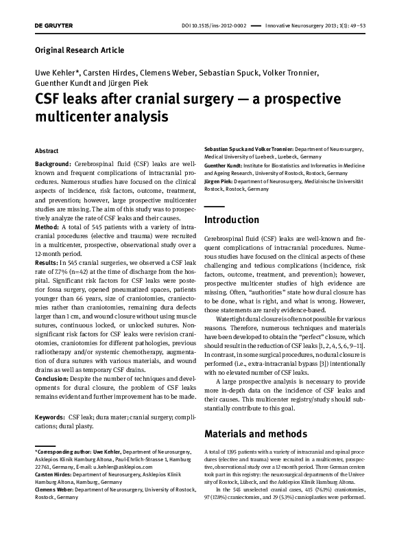 (PDF) CSF leaks after cranial surgery — a prospective multicenter analysis