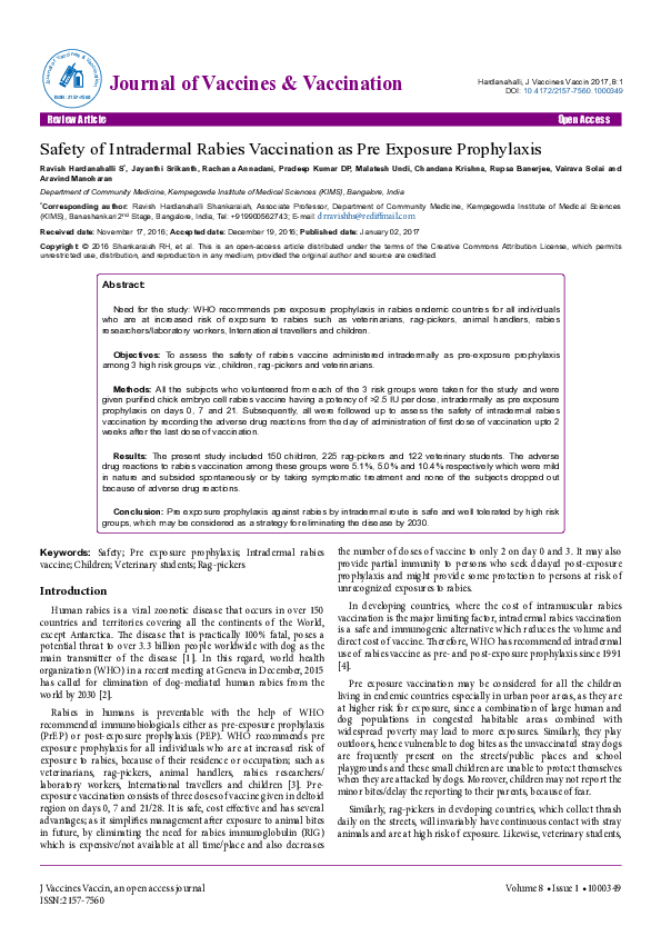 (PDF) Safety of Intradermal Rabies Vaccination as Pre Exposure Prophylaxis