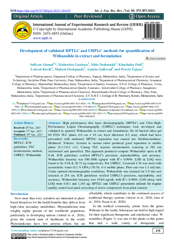 (PDF) Development of validated HPTLC and UHPLC methods for quantiﬁcation of Withanolide in ...
