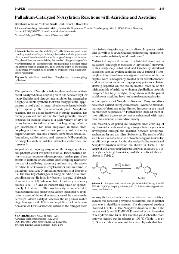 (PDF) Palladium-Catalyzed N-Arylation Reactions with Aziridine and Azetidine