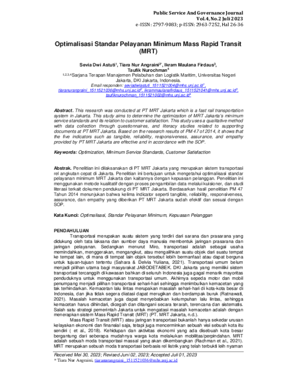 (PDF) Optimalisasi Standar Pelayanan Minimum Mass Rapid Transit (MRT)