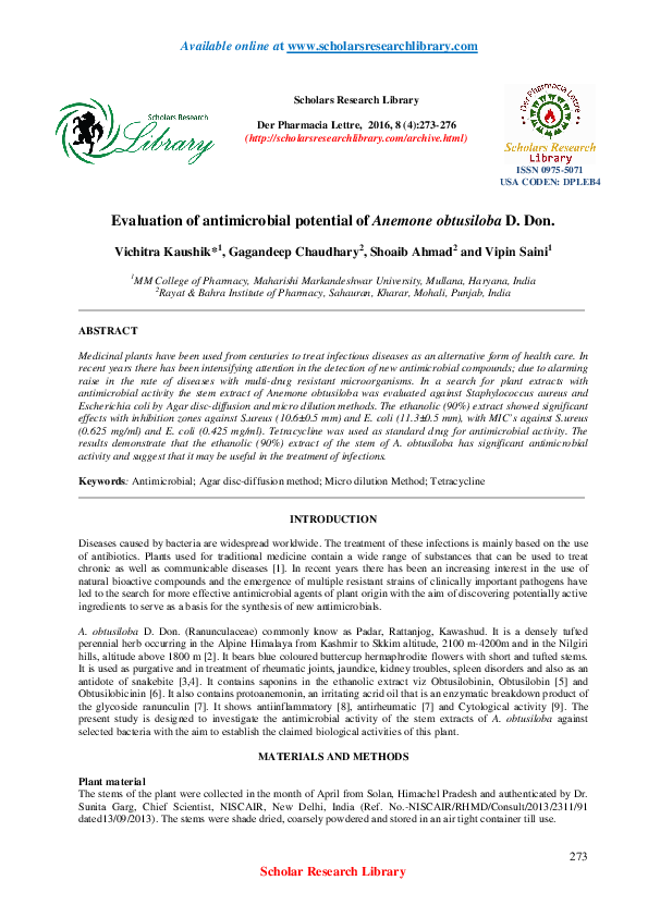 (PDF) Evaluation of antimicrobial potential of Anemone obtusiloba | Vichitra Kaushik - Academia.edu