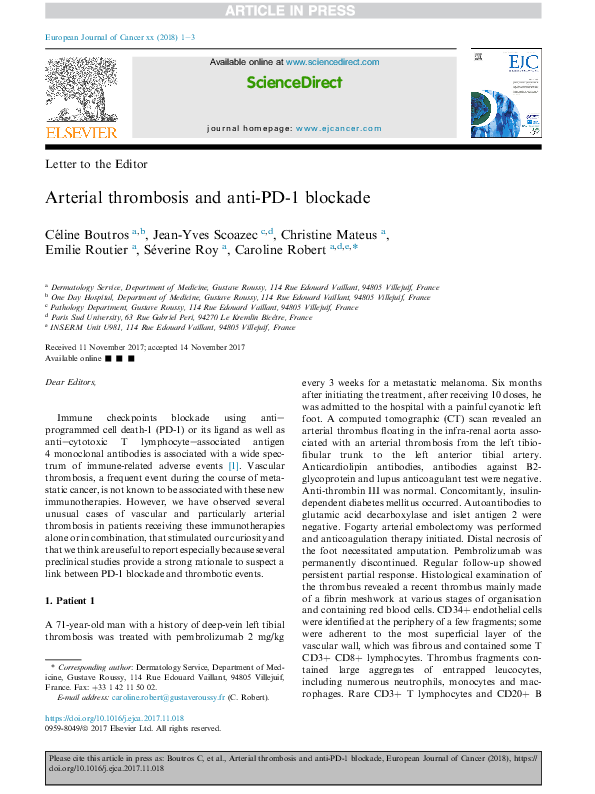 (PDF) Arterial thrombosis and anti-PD-1 blockade | Céline Boutros ...