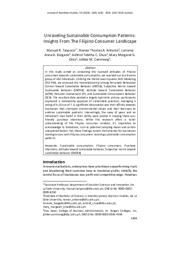 Pdf Unraveling Sustainable Consumption Patterns Insights From The Filipino Consumer Landscape