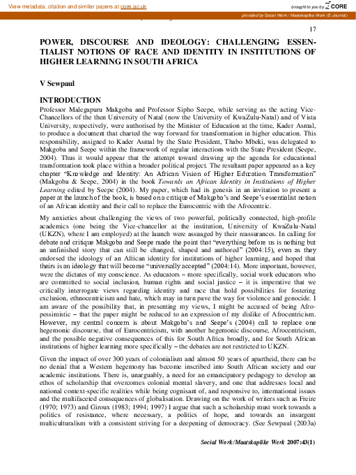 (PDF) Power, Discourse and Ideology: Challenging Essen-Tialist Notions of Race and Identity in ...