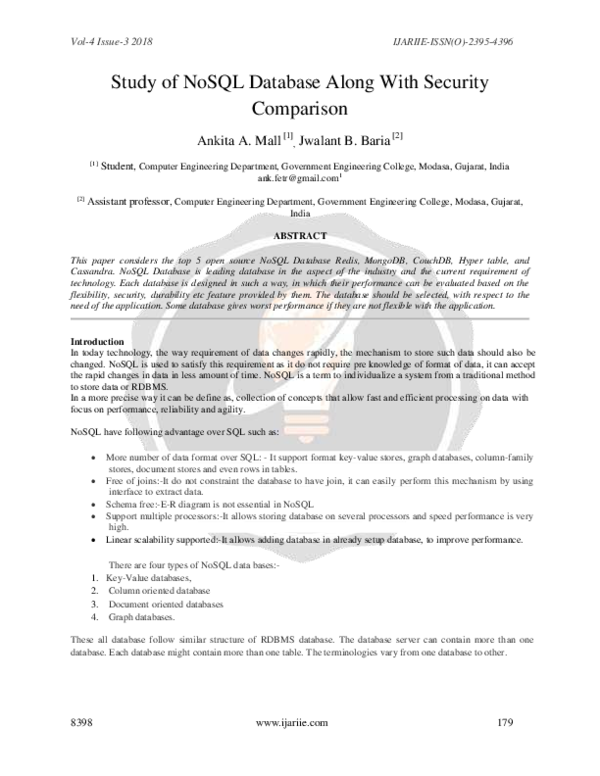 (PDF) Study of NoSQL Database Along With Security Comparison | Ankita mall Ankita mall ...