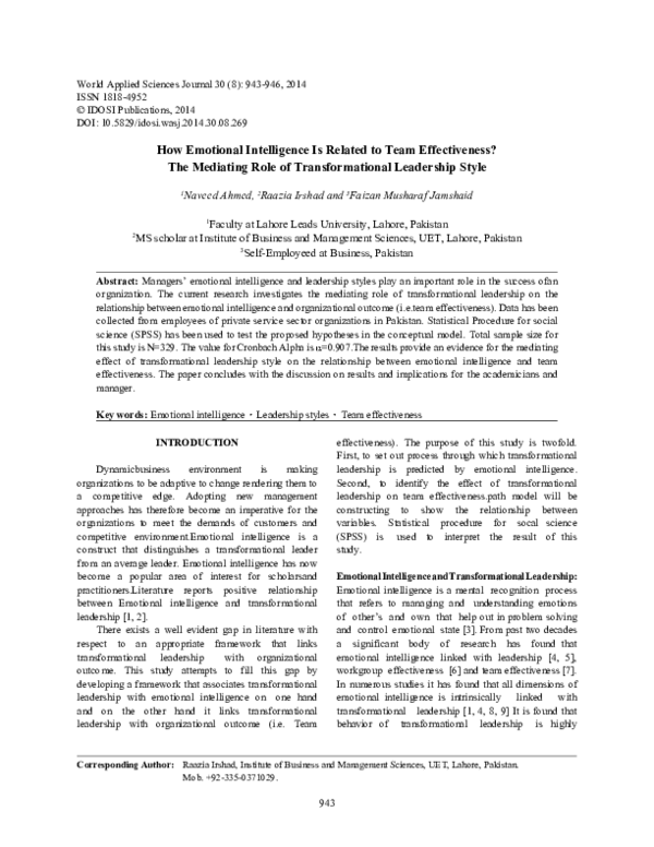 (PDF) How Emotional Intelligence Is Related to Team Effectiveness? The Mediating Role of ...