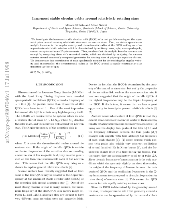 (PDF) Innermost stable circular orbits around relativistic rotating stars