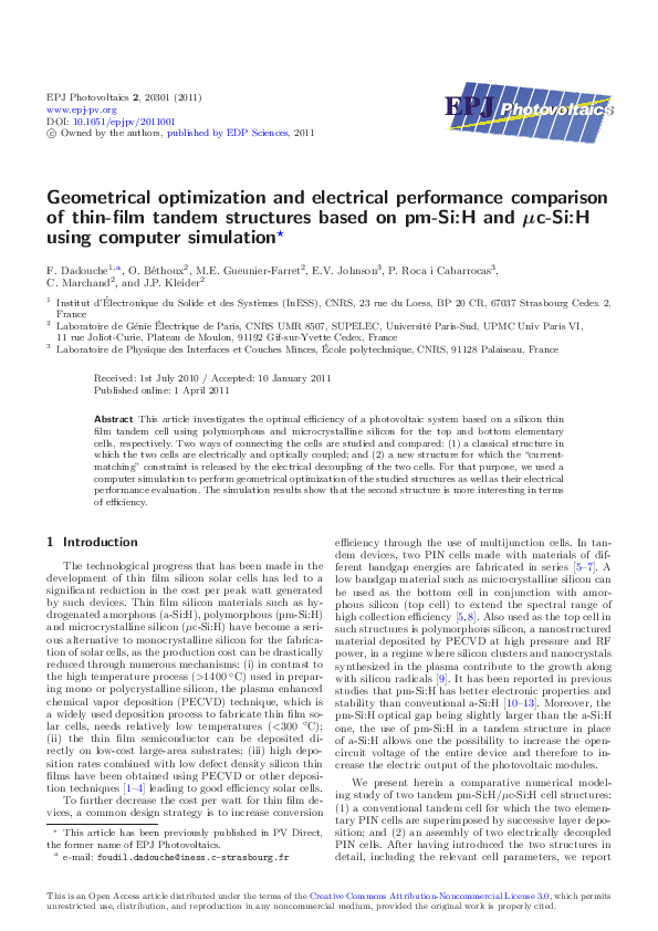 (PDF) Geometrical optimization and electrical performance comparison of thin-film tandem ...