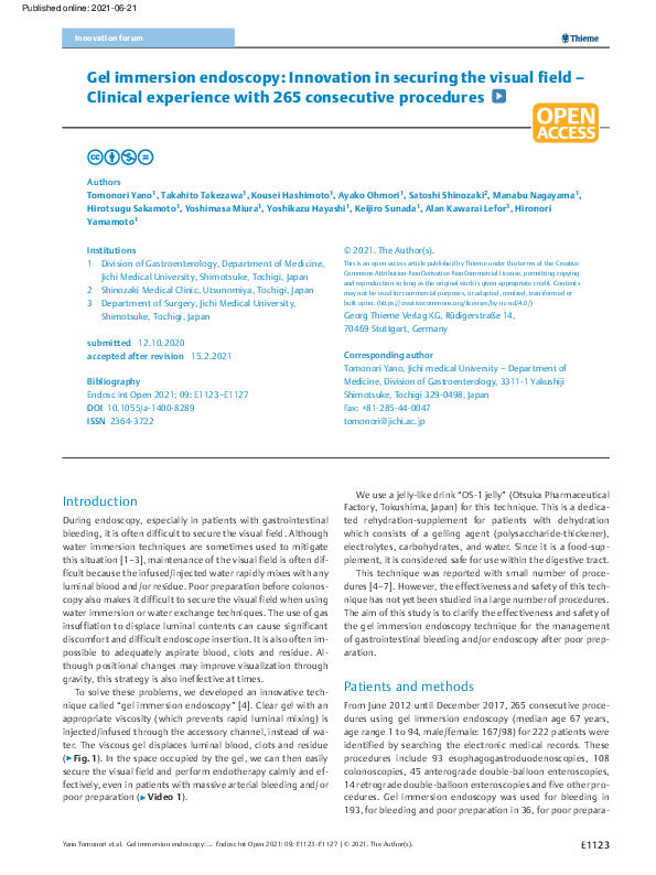 (PDF) Gel immersion endoscopy: Innovation in securing the visual field – Clinical experience ...