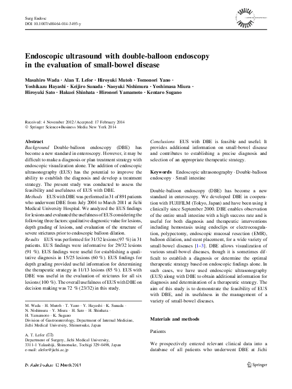 (PDF) Endoscopic ultrasound with double-balloon endoscopy in the evaluation of small-bowel disease