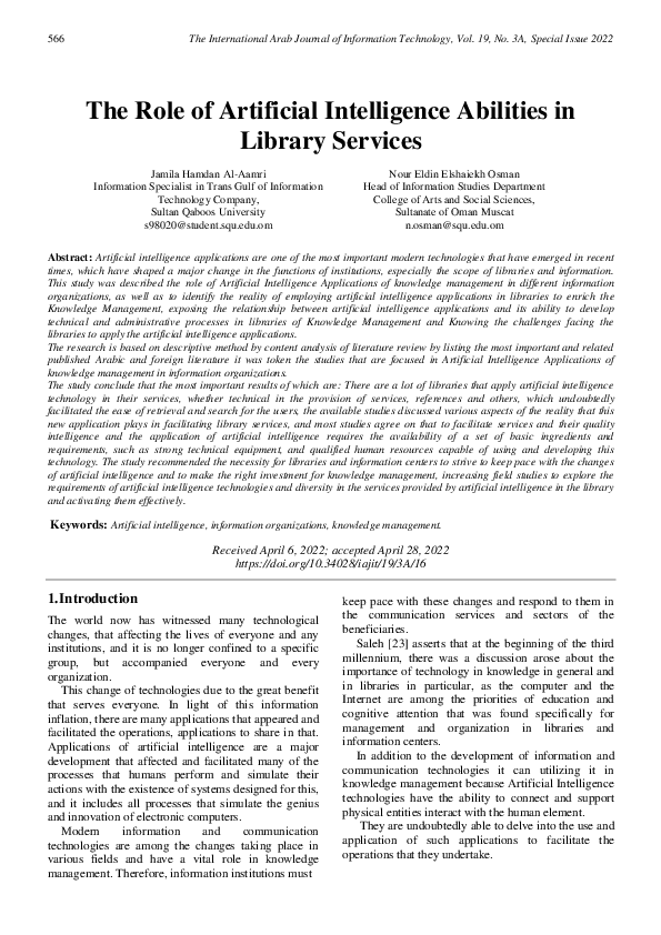 (PDF) The Role of Artificial Intelligence Abilities in Library Services