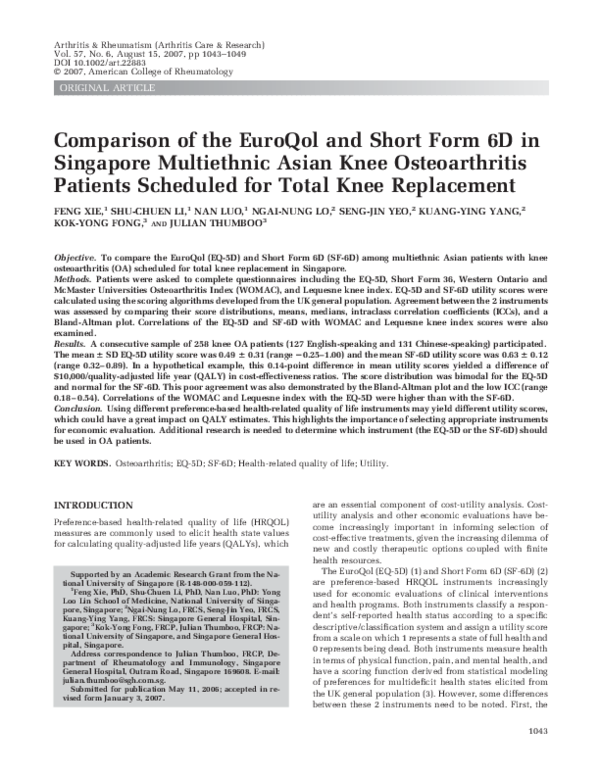 (PDF) Comparison of the EuroQol and short form 6D in Singapore ...