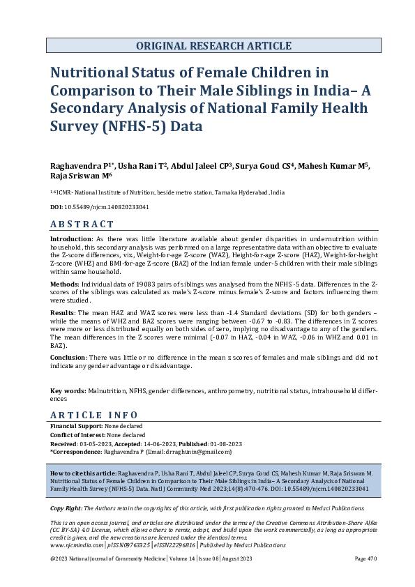 (PDF) Nutritional Status of Female Children in Comparison to Their Male ...