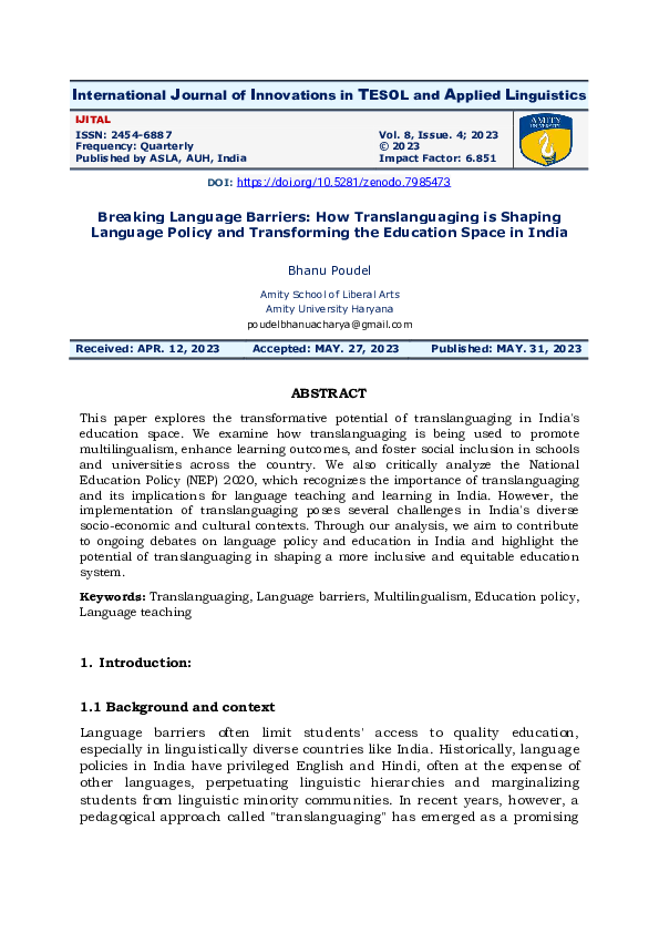 (PDF) Breaking Language Barriers: How Translanguaging is Shaping ...