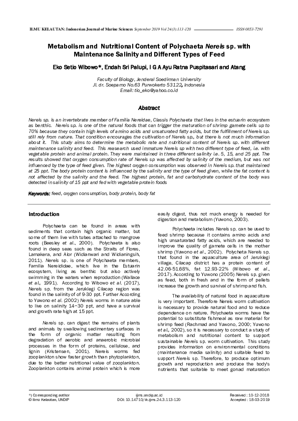 (PDF) Metabolism and Nutritional Content of Polychaeta Nereis sp. with ...