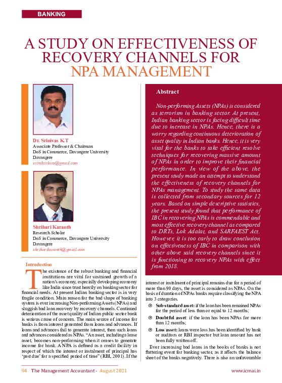(PDF) A Study on Effectiveness of Recovery Channels for NPA Management