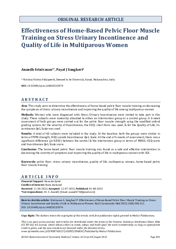 (PDF) Effectiveness of Home-Based Pelvic Floor Muscle Training on ...