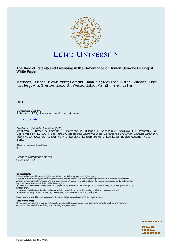 (PDF) The Role of Patents and Licensing in the Governance of Human ...