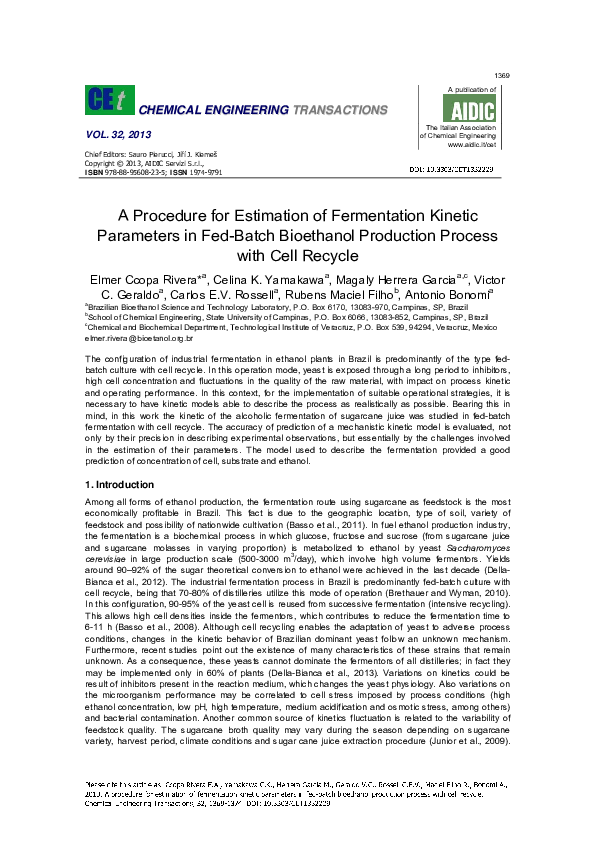Pdf A Procedure For Estimation Of Fermentation Kinetic Parameters In Fed Batch Bioethanol