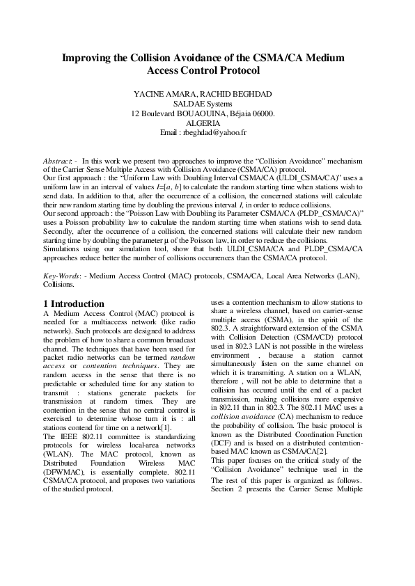 (PDF) Improving the Collision Avoidance of the CSMA/CA Medium Access Control Protocol