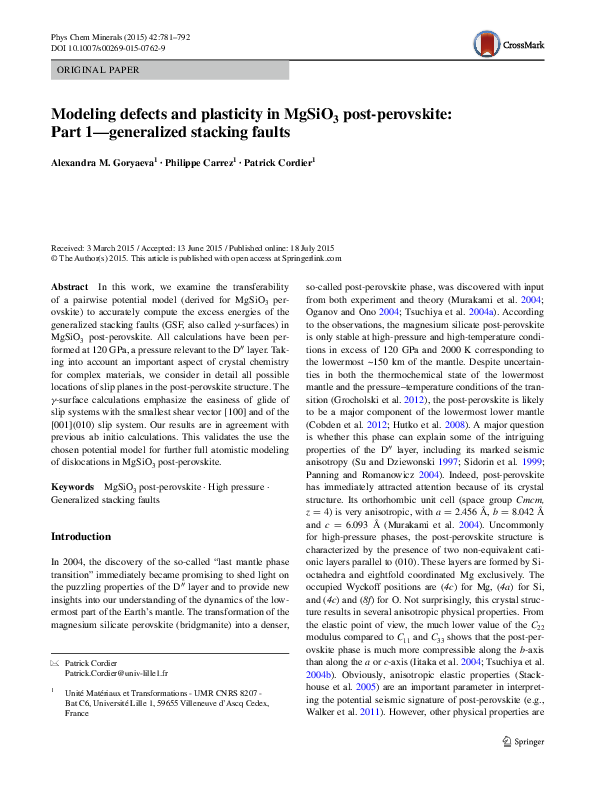 (PDF) Modeling defects and plasticity in MgSiO3 post-perovskite: Part 1—generalized stacking faults