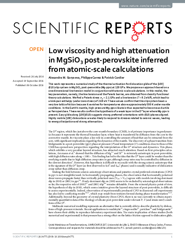 (PDF) Low viscosity and high attenuation in MgSiO3 post-perovskite ...