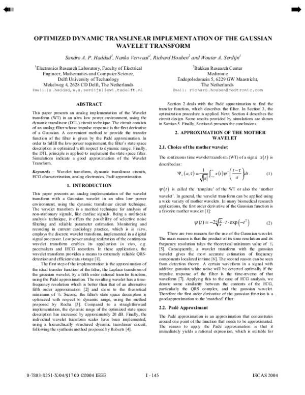 Pdf Optimized Dynamic Translinear Implementation Of The Gaussian Wavelet Transform