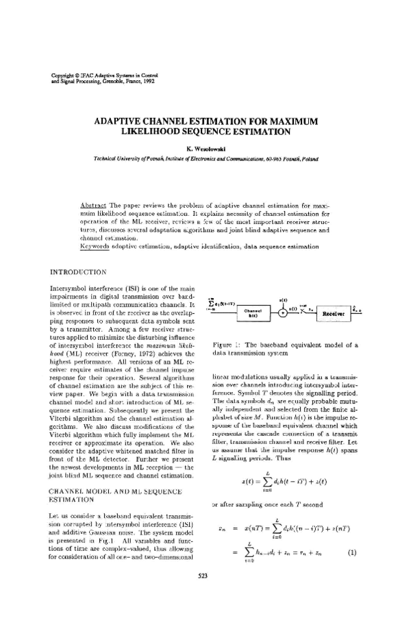 (PDF) Adaptive Channel Estimation for Maximum Likelihood Sequence ... (PDF) Adaptive Channel Estimation for Maximum Likelihood Sequence ...