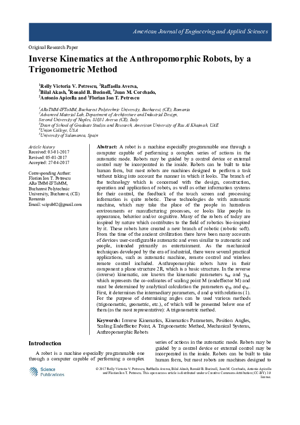 Inverse Kinematics at the Anthropomorphic Robots, by a Trigonometric Method